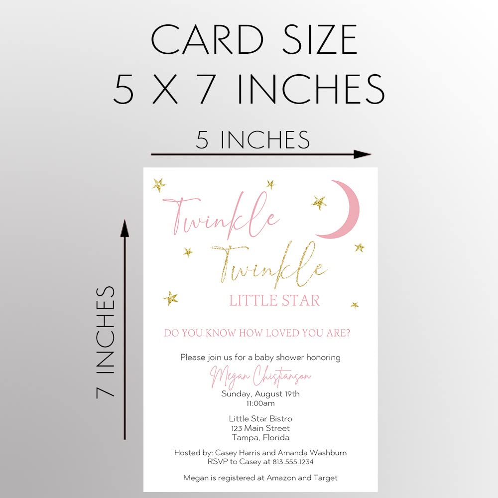 Twinkle Little Star Baby Shower Invitation Over the Moon Invites Pink Gold Girls Glitter Custom Customize Personalize Printed Cards (12 Count)