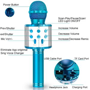 Winique Karaoke Microphone for Kids with Bluetooth & LED Lights - 5 in 1 Fun Toys Home KTV Birthday Party Player - Christmas Stocking Stuffers for Girls, Boys, and Teens(Blue)