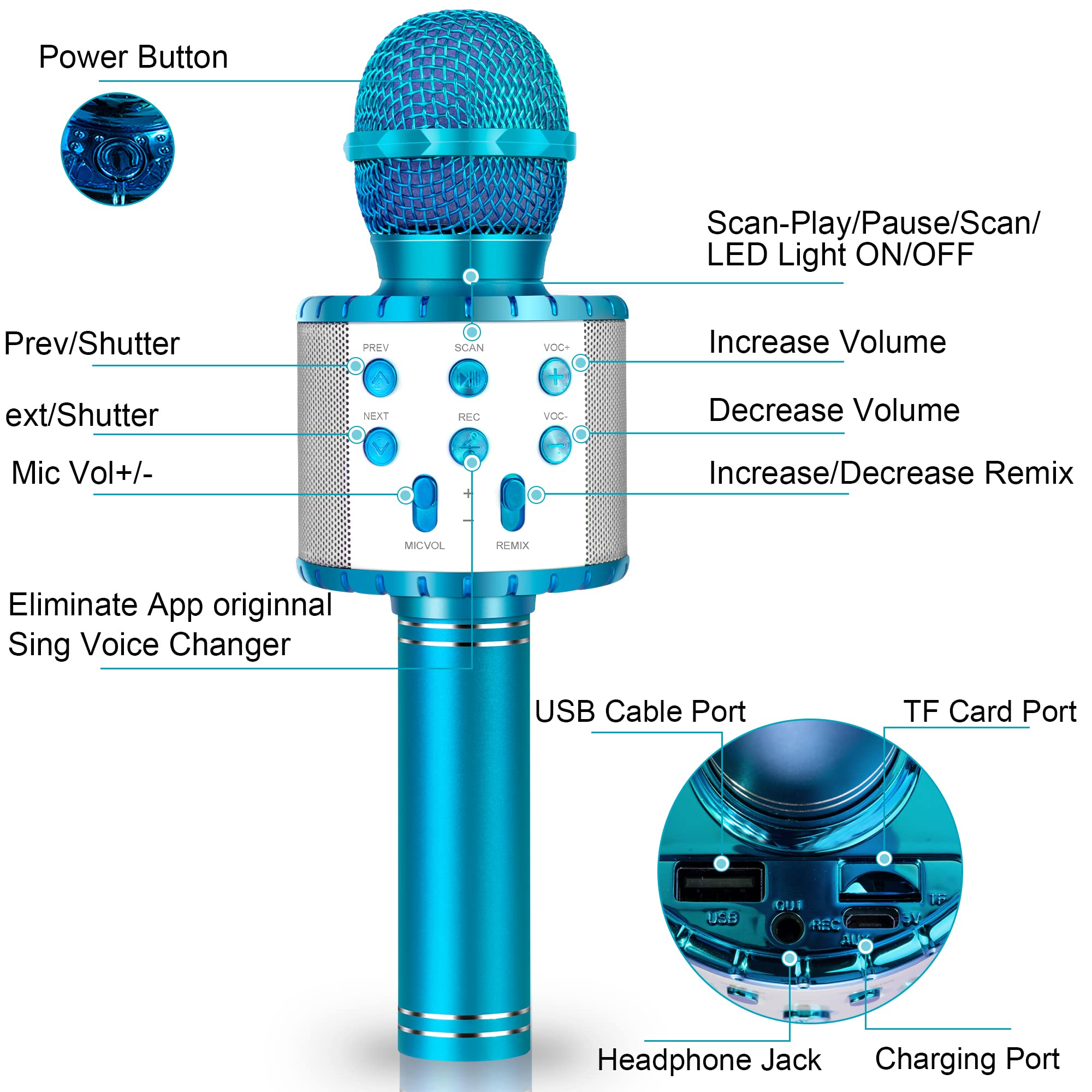 Winique Karaoke Microphone for Kids with Bluetooth & LED Lights - 5 in 1 Fun Toys Home KTV Birthday Party Player - Christmas Stocking Stuffers for Girls, Boys, and Teens(Blue)