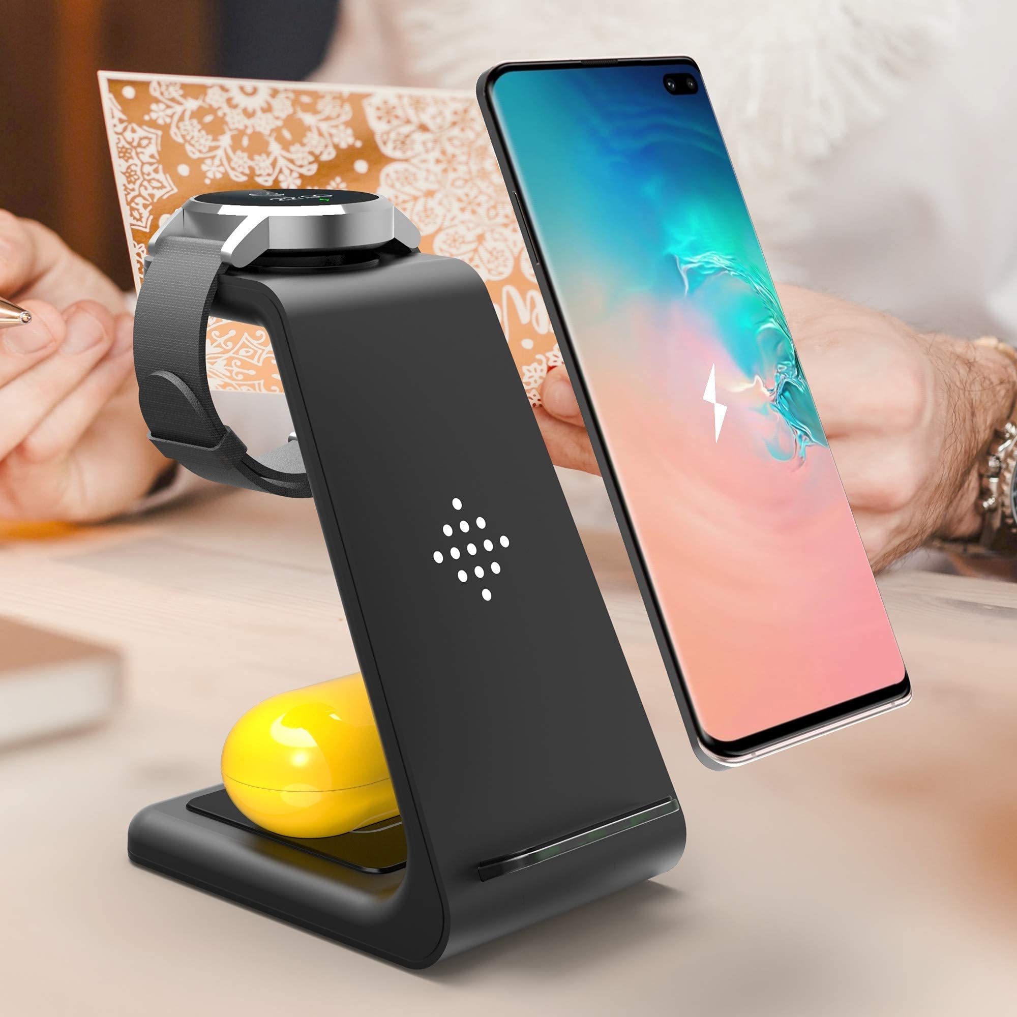 YOCUNKER Wireless Charger,3 in 1 Charging Station Dock for Watch 5/4/3/2/Active 2/1/Gear S3, S22 Ultra/S21/S20/S10/Note 20/Z Flip 4/Z Fold 4/3, Buds+/Pro/Live Black