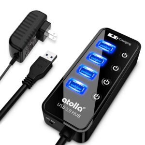 atolla 4-port usb 3.0 hub with 4 data ports, 1 smart charging port, individual on/off switches and 5v/3a adapter