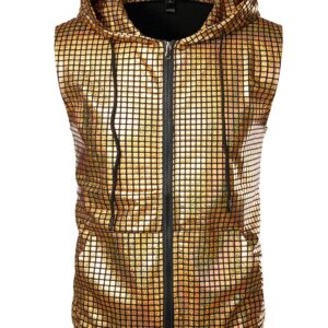 ZEROYAA Mens Hipster Metallic Sequins Zip Up Sleeveless Hooded Vest T Shirt with Kangaroo Pocket ZLSV17 Gold X-Large