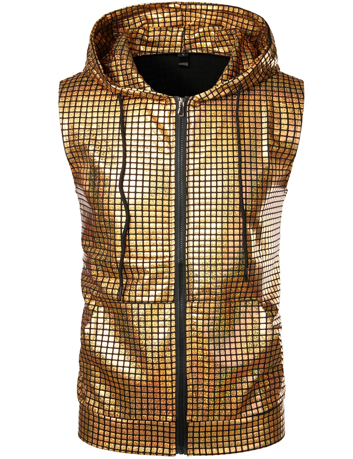 ZEROYAA Mens Hipster Metallic Sequins Zip Up Sleeveless Hooded Vest T Shirt with Kangaroo Pocket ZLSV17 Gold X-Large