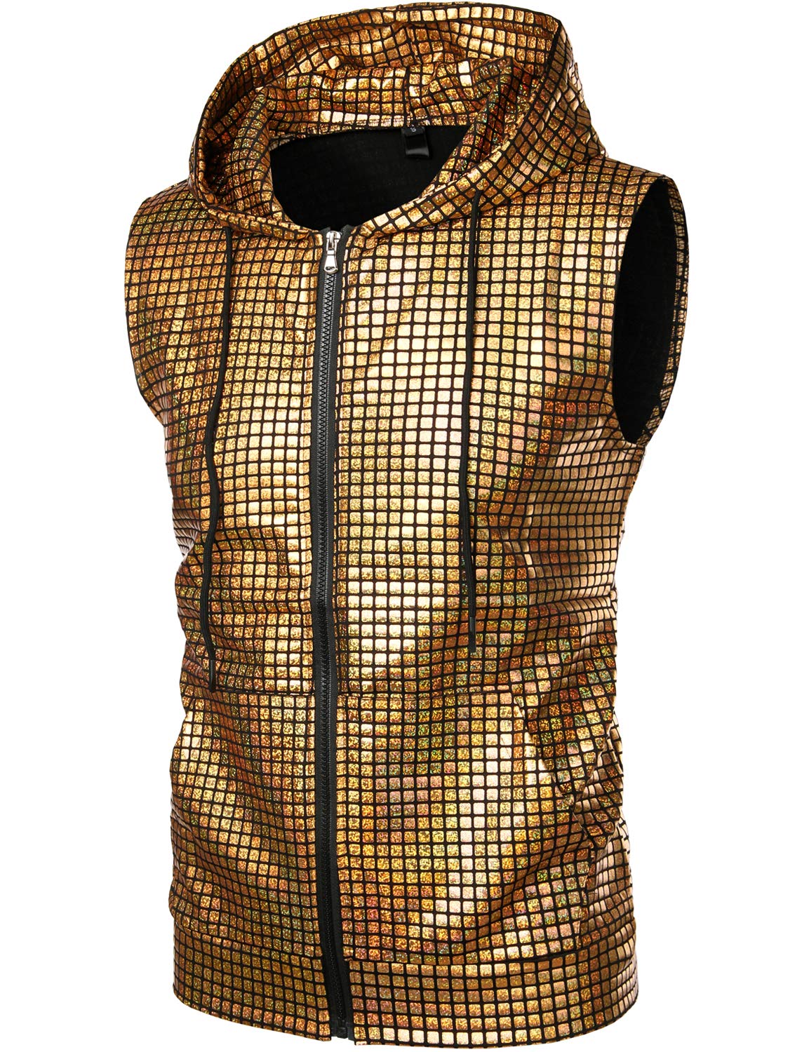 ZEROYAA Mens Hipster Metallic Sequins Zip Up Sleeveless Hooded Vest T Shirt with Kangaroo Pocket ZLSV17 Gold X-Large