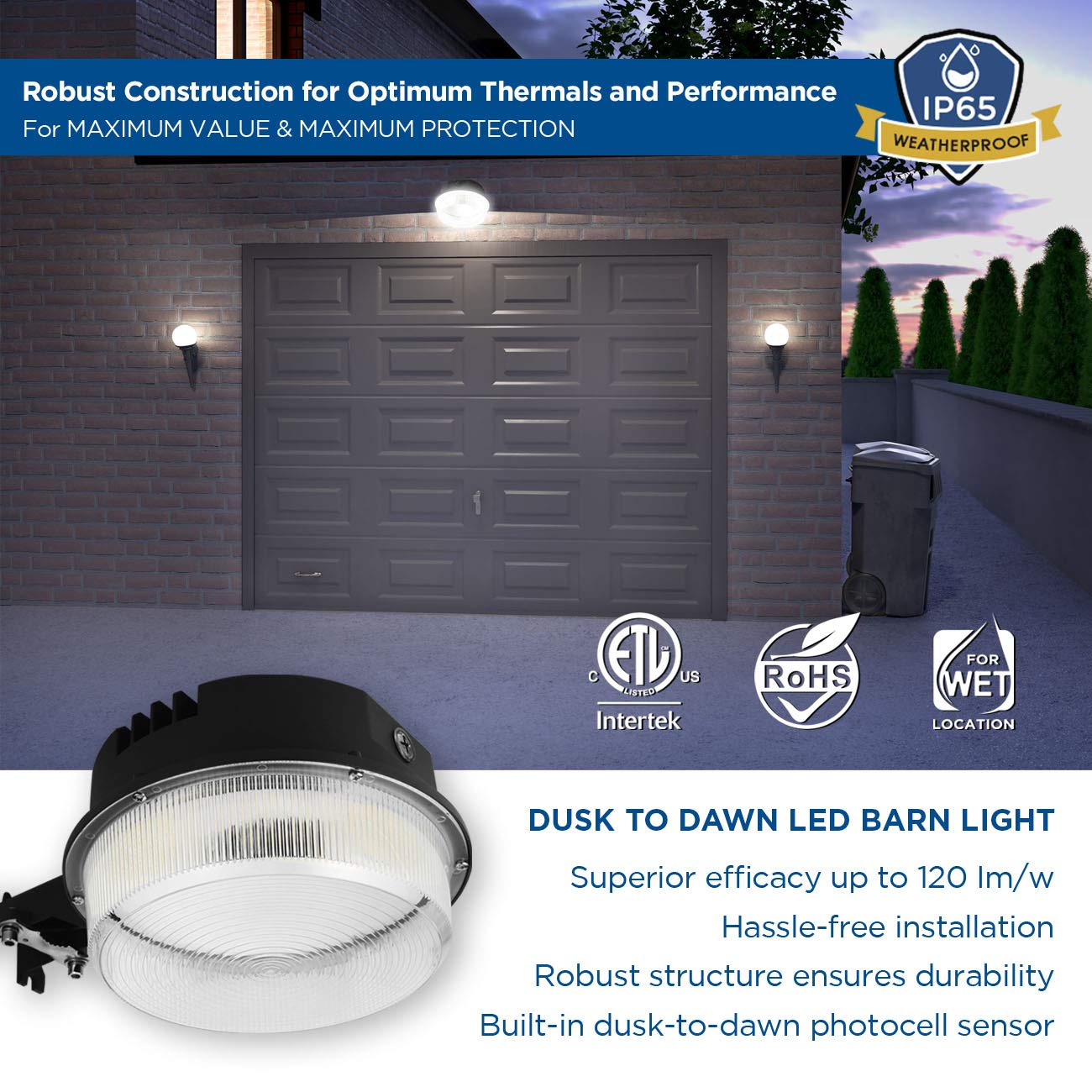 Amptonica LED Barn Light 75W, 9000LM Dusk to Dawn Security Area Light with Photocell, 5000K Daylight, IP65 Waterproof, ETL Listed for Yard Patio Farm