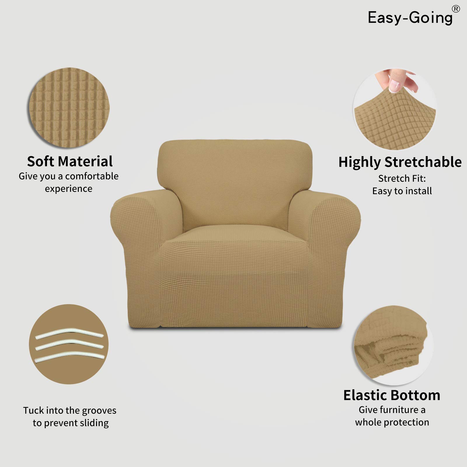 Easy-Going Stretch Chair Sofa Slipcover 1-Piece Couch Sofa Cover Furniture Protector Soft with Elastic Bottom for Kids, Pet. Spandex Jacquard Fabric Small Checks (Chair, Golden)