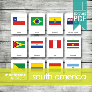 south america flags montessori cards, flash cards, three part cards, nomenclature cards, educational material, montessori printable, editable pdf