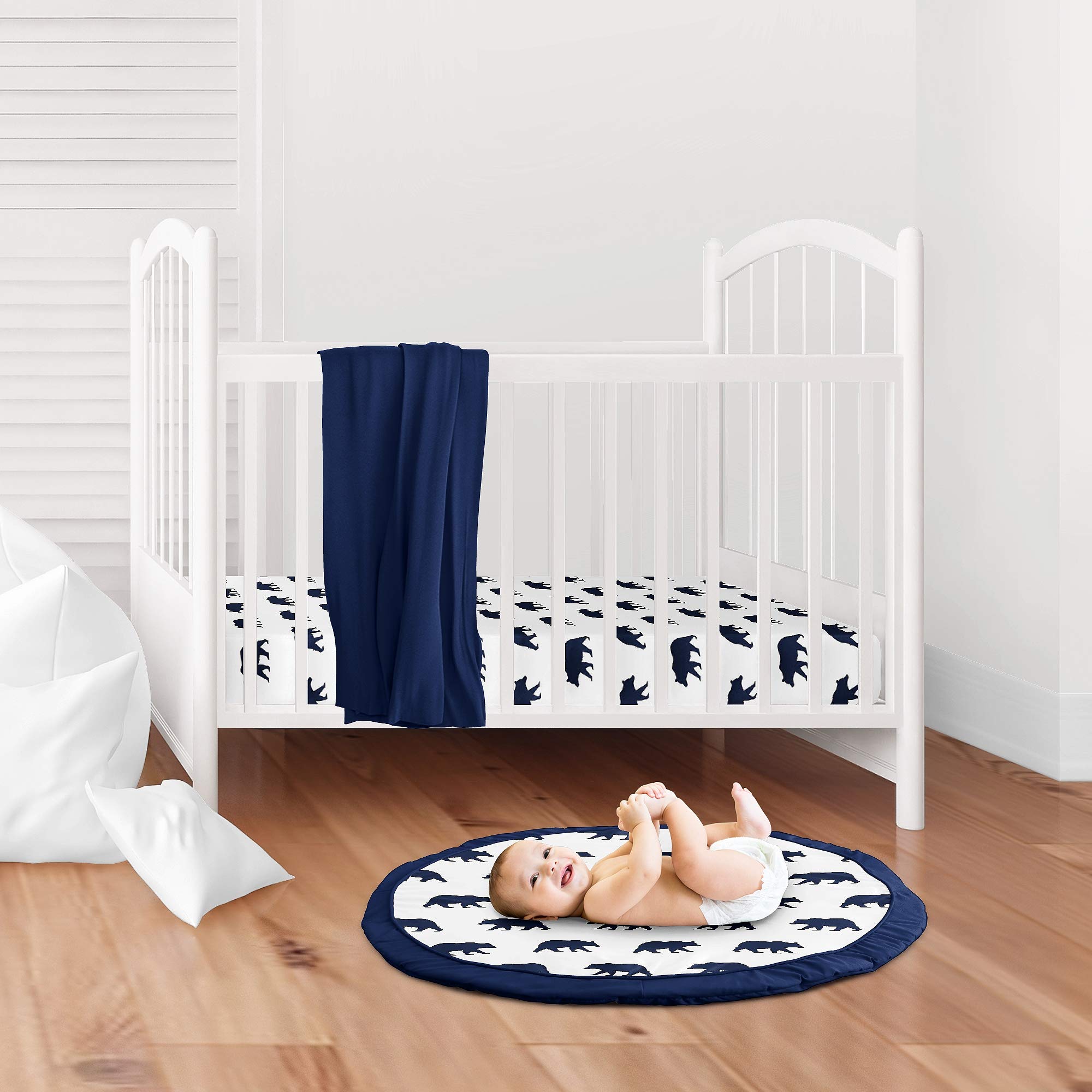 Sweet Jojo Designs Woodland Bear Boy Baby Playmat Tummy Time Infant Play Mat - Navy Blue and White