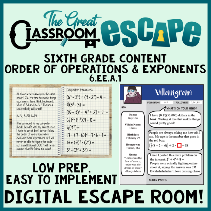 Order of Operations with Exponents Digital Escape Room 6th Grade Math Standards