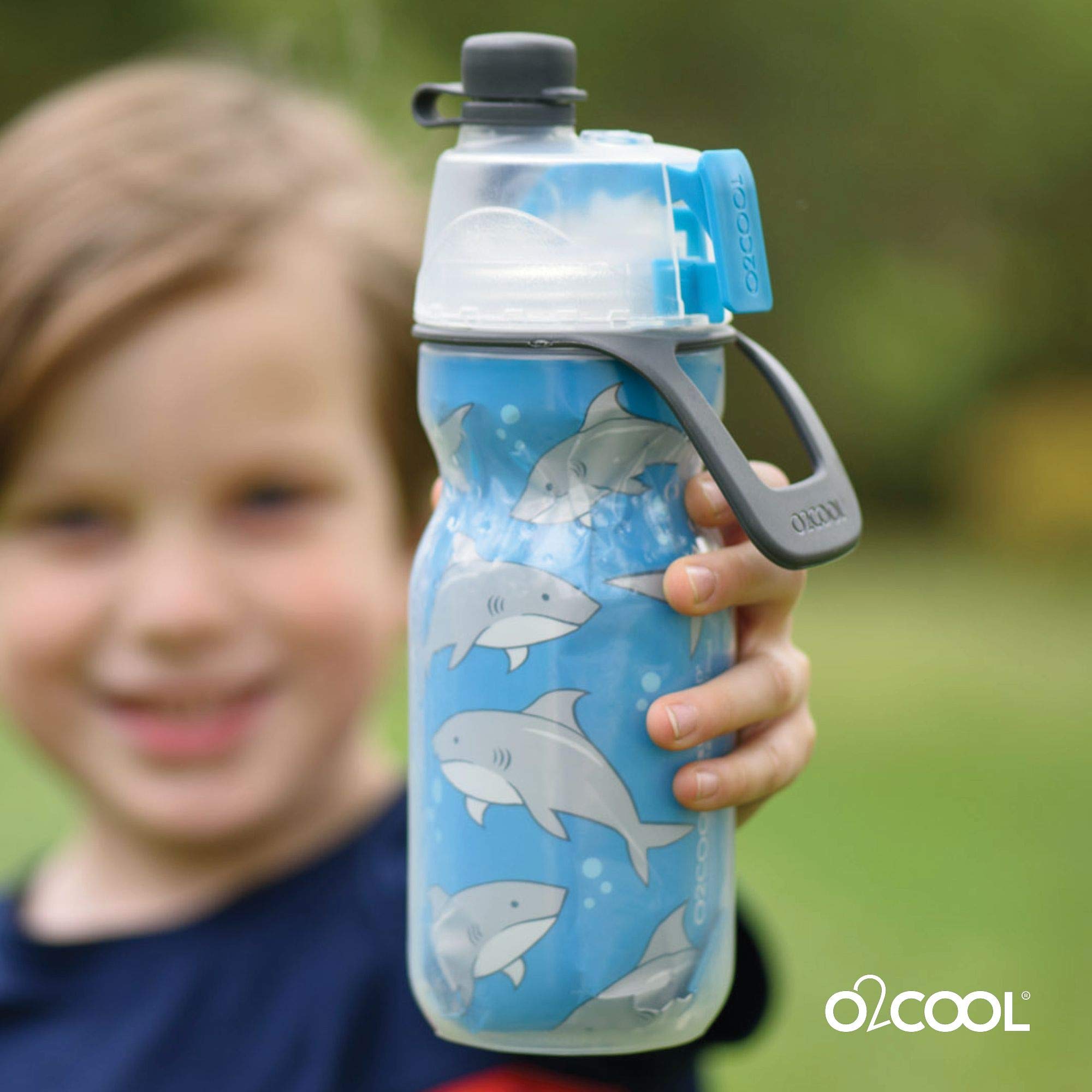 O2COOL Mist 'N Sip Kids Misting Water Bottle 2-in-1 Mist And Sip Function With No Leak Pull Top Spout 12oz (Sharks)