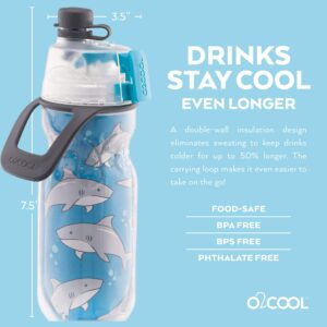 O2COOL Mist 'N Sip Kids Misting Water Bottle 2-in-1 Mist And Sip Function With No Leak Pull Top Spout 12oz (Sharks)