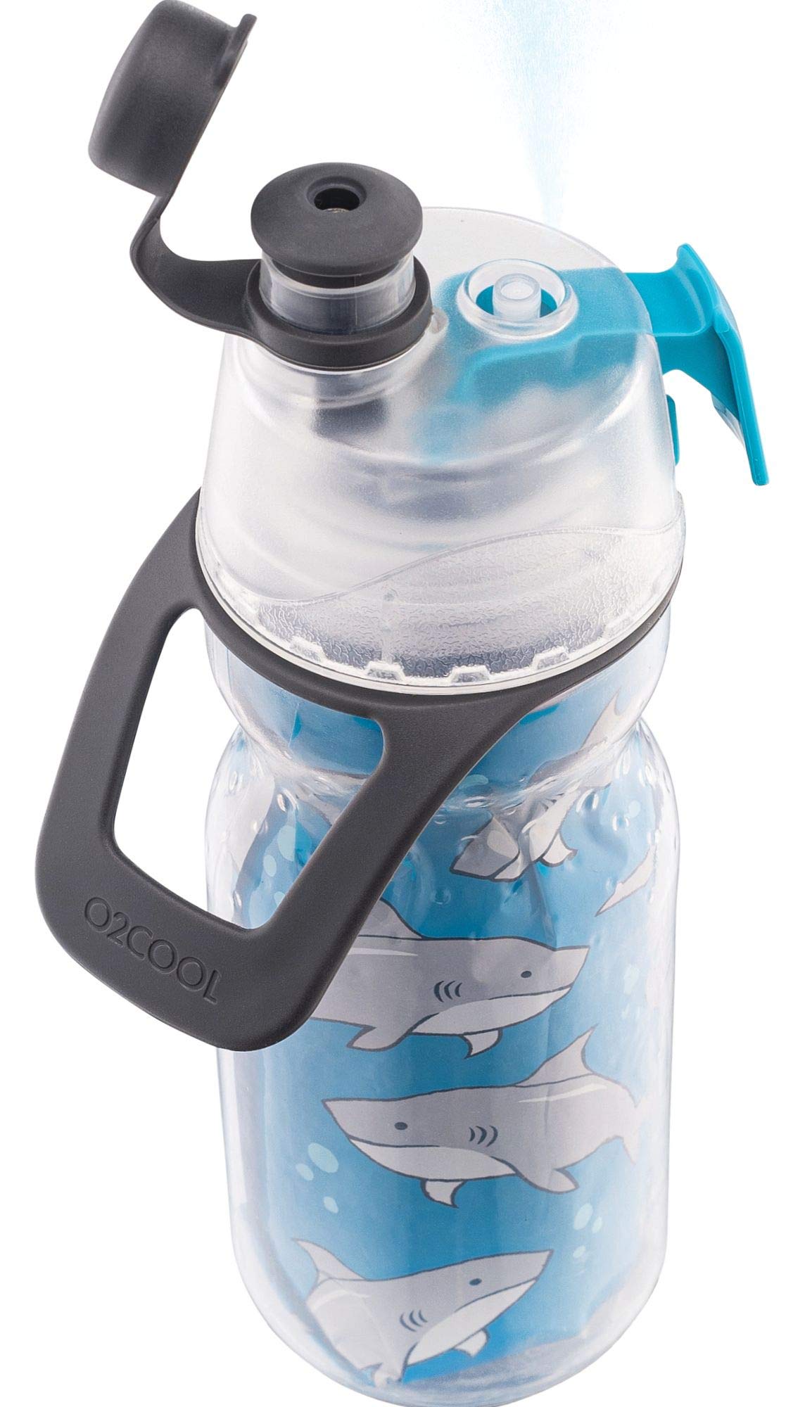 O2COOL Mist 'N Sip Kids Misting Water Bottle 2-in-1 Mist And Sip Function With No Leak Pull Top Spout 12oz (Sharks)