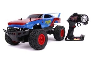 jada toys marvel spider-man dodge charger daytona 4x4 elite r/c with turbo boost usb charging and batteries included (30761), blue, red