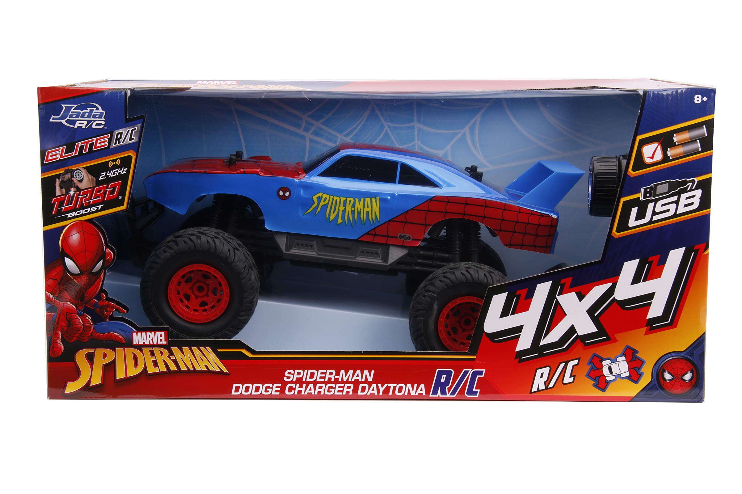 Jada Toys Marvel Spider-Man Dodge Charger Daytona 4x4 Elite R/C with Turbo Boost USB Charging and Batteries Included (30761), Blue, Red