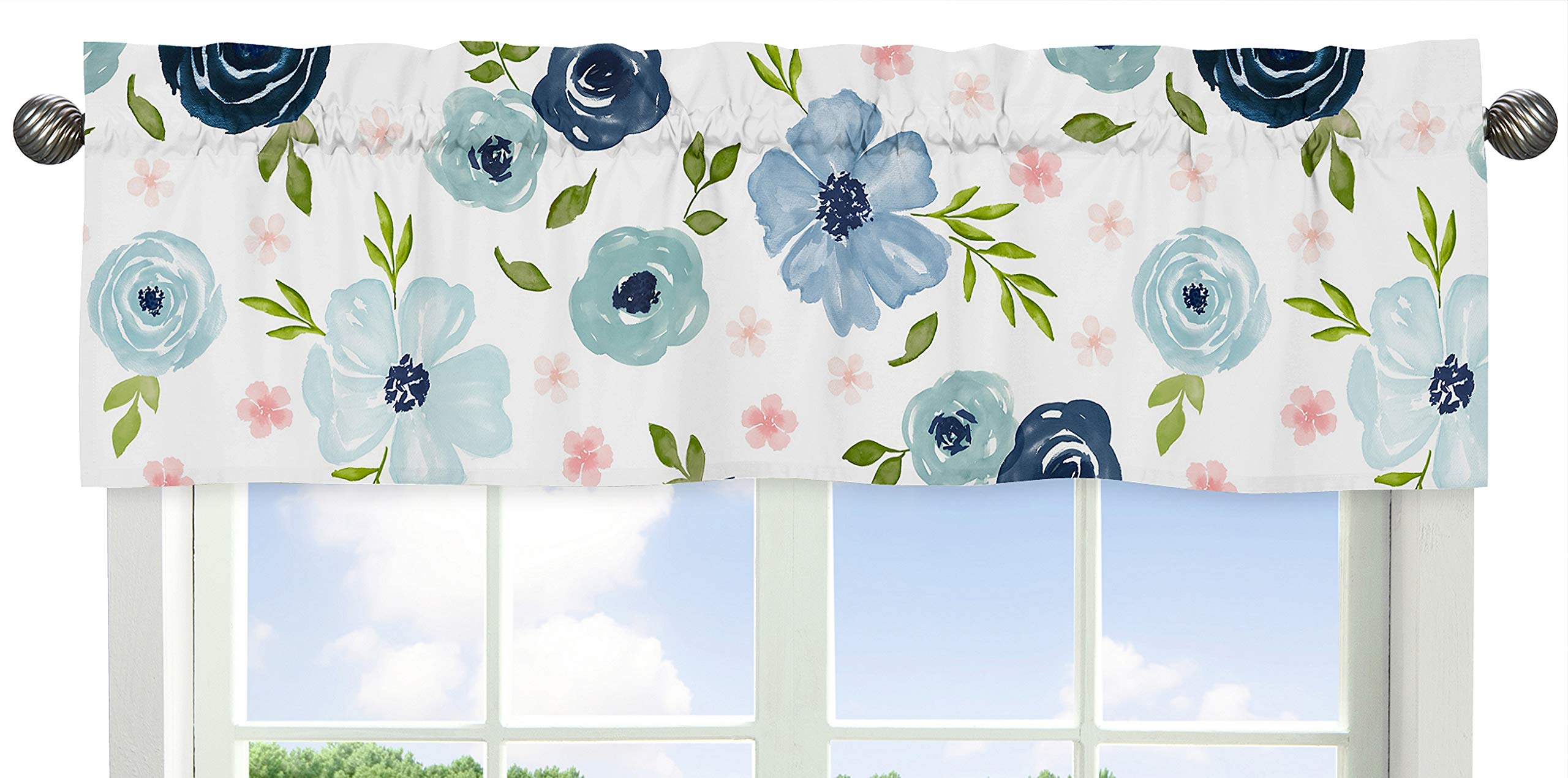 Sweet Jojo Designs Navy Blue and Pink Watercolor Floral Window Treatment Valance - Blush, Green and White Shabby Chic Rose Flower