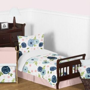 Sweet Jojo Designs Navy Blue and Pink Watercolor Floral Window Treatment Valance - Blush, Green and White Shabby Chic Rose Flower