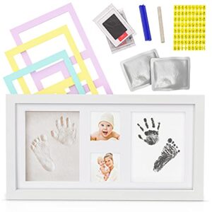 baby hand and footprint kit - newborn keepsakes for baby boys and girls - non-toxic ink and clay kit with white photo frame, for baby shower, baby registry and nursery decor.