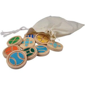 constructive playthings 10 matching pairs of 2 1/1" diam. wooden tactile discs with a canvas bag for ages 18 months and up