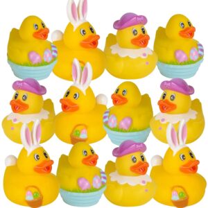 artcreativity 2.5 inch assorted easter rubber duckies for kids, pack of 12, mini duck surprise toys for filling easter eggs, easter party favors, egg hunt supplies, easter themed bath tub toys