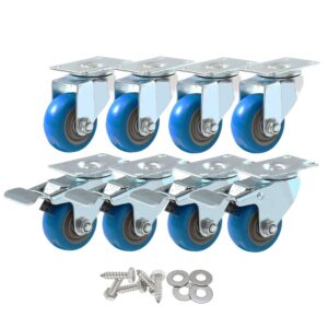 8 pack 4 inch combo caster swivel plate 4 w/brake & 4 plate heavy duty on blue pu wheels with heavy duty screws