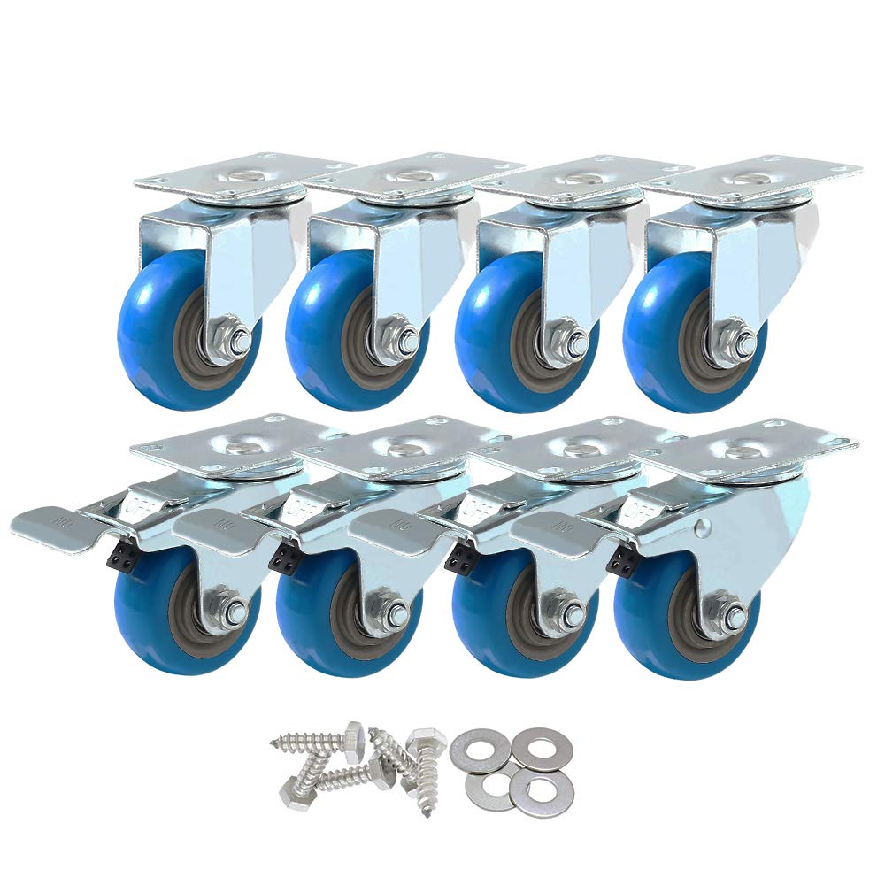 8 Pack 4 Inch Combo Caster Swivel Plate 4 w/Brake & 4 Plate Heavy Duty on Blue PU Wheels with Heavy Duty Screws