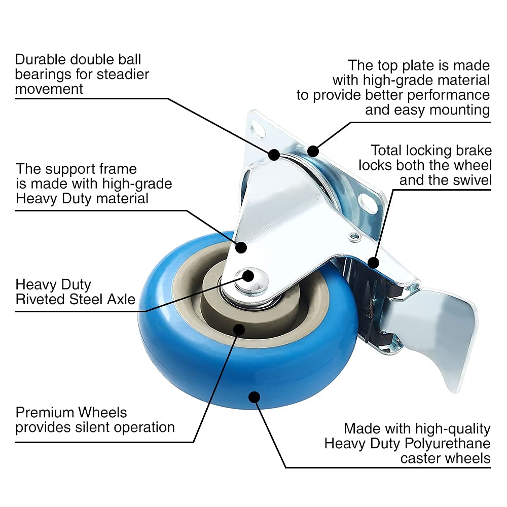 8 Pack 4 Inch Combo Caster Swivel Plate 4 w/Brake & 4 Plate Heavy Duty on Blue PU Wheels with Heavy Duty Screws