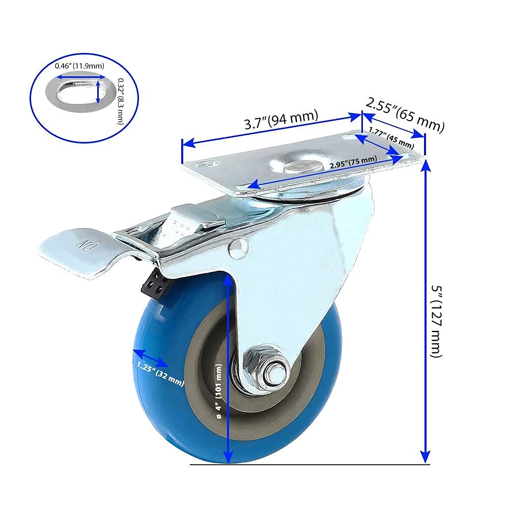 8 Pack 4 Inch Combo Caster Swivel Plate 4 w/Brake & 4 Plate Heavy Duty on Blue PU Wheels with Heavy Duty Screws