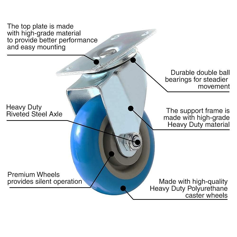 8 Pack 4 Inch Combo Caster Swivel Plate 4 w/Brake & 4 Plate Heavy Duty on Blue PU Wheels with Heavy Duty Screws