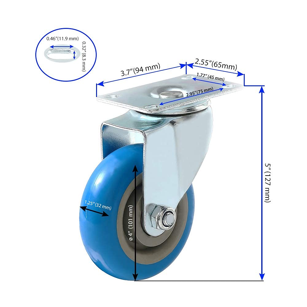 8 Pack 4 Inch Combo Caster Swivel Plate 4 w/Brake & 4 Plate Heavy Duty on Blue PU Wheels with Heavy Duty Screws