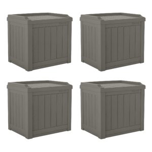 suncast 22 gallon indoor or outdoor backyard patio small storage deck box with attractive bench seat and reinforced lid, stone (4 pack)