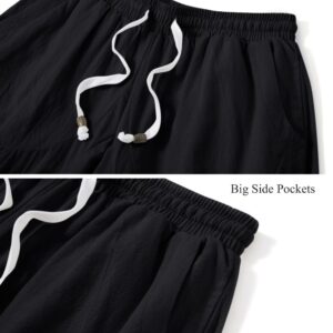 EKLENTSON Mens Beach Pants Elastic Waist Drawstring Capri Shorts Loos Fit Baggy Summer Cotton Linen Pants Men, Black, 38