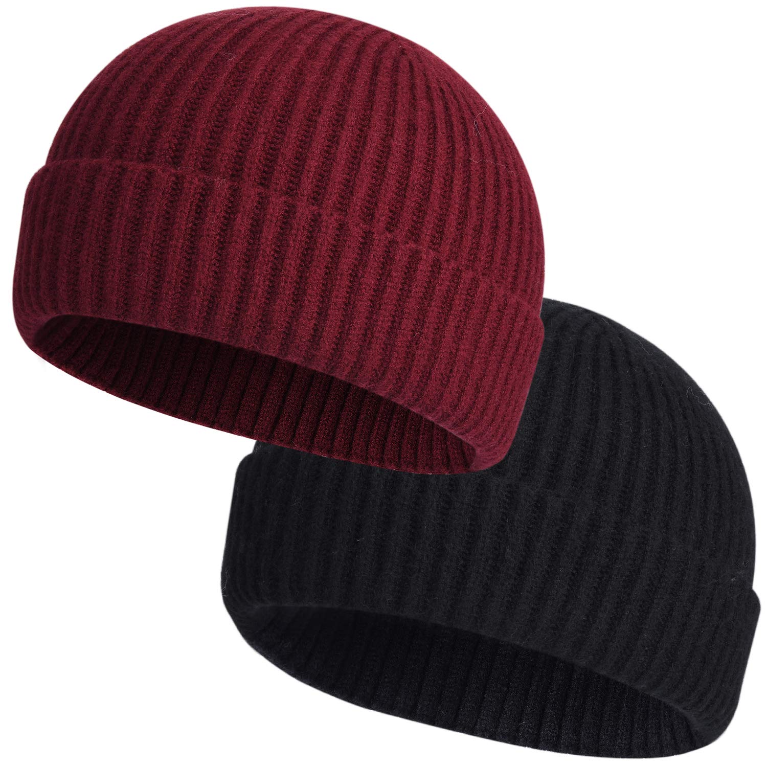 ROYBENS 2pcs Swag Wool Fisherman Beanies for Men, Knit Short Watch Cap Winter Warm Hats