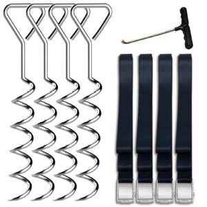 eurmax usa trampoline stakes trampoline anchors high wind heavy duty corkscrew shape steel tent stakes trampoline tie downs anchor kit with t hook for trampoline - set of 4 bonus 4 strong belt,silver