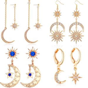 4 pairs moon earrings star earrings exaggerated boho earrings retro moon dangle drop rhinestones earrings sun for halloween christmas women girls gift