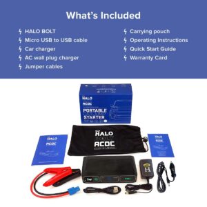 HALO Bolt Wireless Laptop Power Bank - 44400 mWh Portable Phone Laptop Charger Car Jump Starter with AC Outlet and Car Charger, Blue Graphite