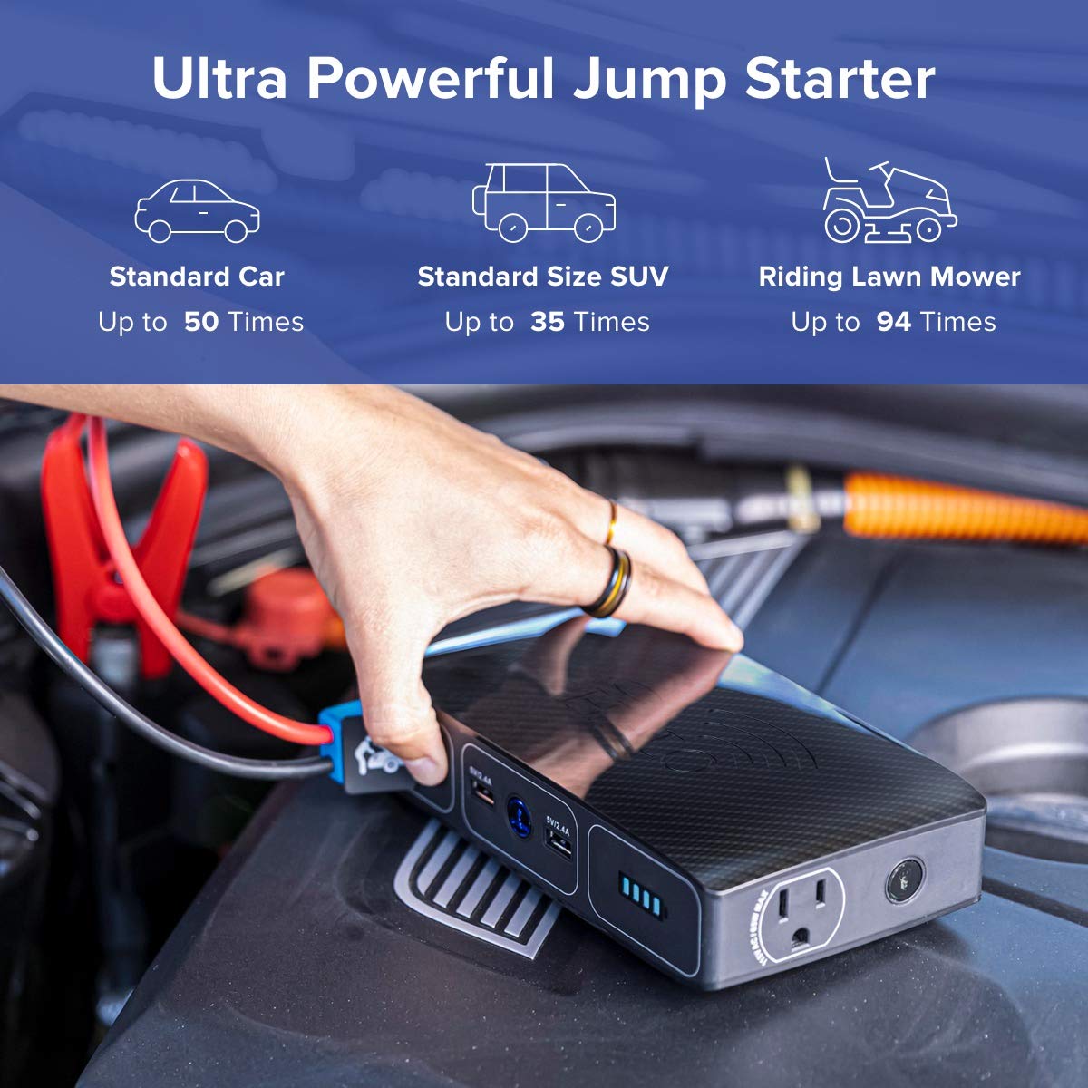 HALO Bolt Wireless Laptop Power Bank - 44400 mWh Portable Phone Laptop Charger Car Jump Starter with AC Outlet and Car Charger, Blue Graphite