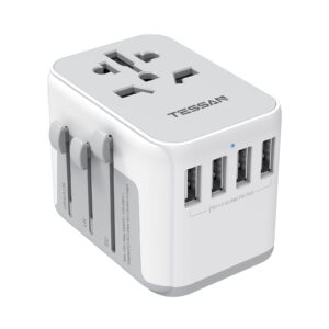 tessan universal power adapter, international plug adapter with 4 usb outlets, travel worldwide essentials, all in 1 wall charger converter for uk eu europe ireland au (type c/g/a/i) grey