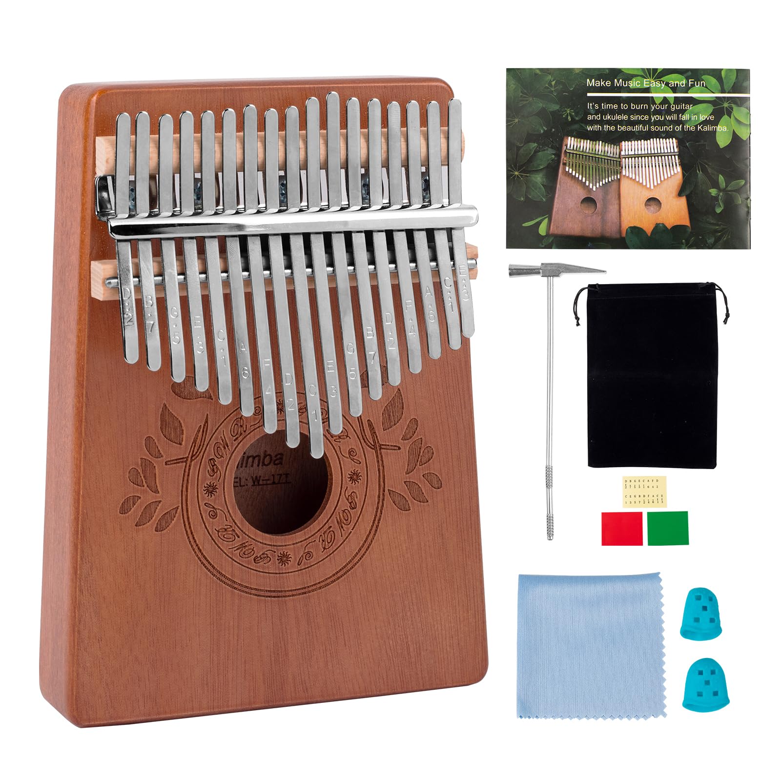 Kalimba Thumb Piano 17 Keys Instrument: Portable Mbira Finger Pianos Musical Gifts for Kids Adults Beginners - Mahogany Wood Handheld Piano with Tune Hammer, Music Book