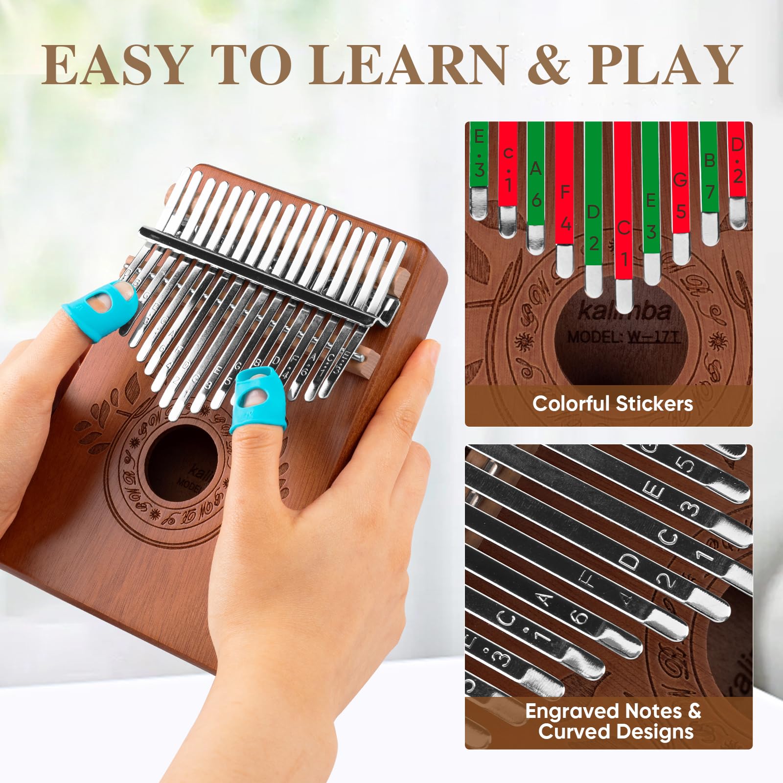 Kalimba Thumb Piano 17 Keys Instrument: Portable Mbira Finger Pianos Musical Gifts for Kids Adults Beginners - Mahogany Wood Handheld Piano with Tune Hammer, Music Book