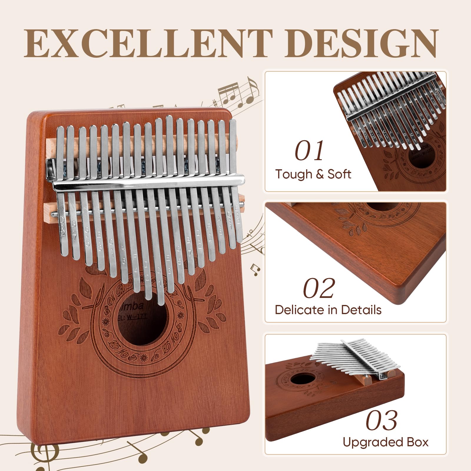 Kalimba Thumb Piano 17 Keys Instrument: Portable Mbira Finger Pianos Musical Gifts for Kids Adults Beginners - Mahogany Wood Handheld Piano with Tune Hammer, Music Book