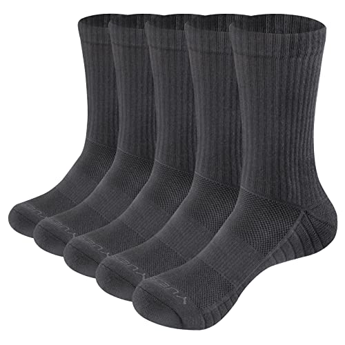 YUEDGE Men's Grey Performance Training Athletic Socks Moisture Wicking Cotton Cushioned Crew Socks for Men 10-13, 5 Pairs/PacK