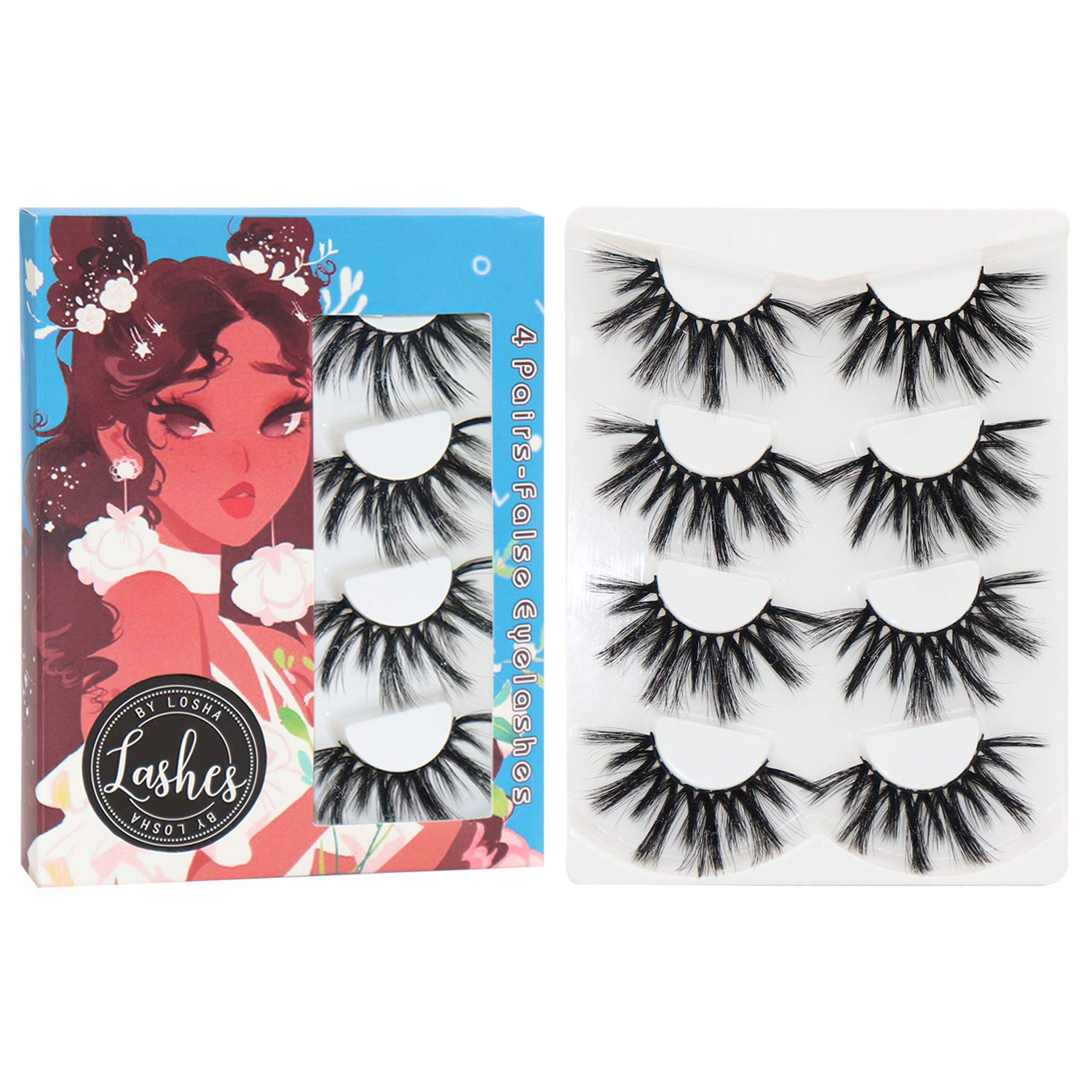 Losha 25mm Lashes 3D Faux Mink Lashes Fluffy Volume Eyelashes Thick Crossed Luxurious Soft Wispy Lashes Pack 4 Pairs Dramatic Eye Makeup (45A)