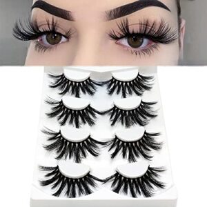 Losha 25mm Lashes 3D Faux Mink Lashes Fluffy Volume Eyelashes Thick Crossed Luxurious Soft Wispy Lashes Pack 4 Pairs Dramatic Eye Makeup (45A)