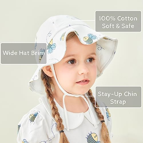 pureborn Unisex Baby Cotton Sun Hat Wide Brims with Straps Bucket Hat Cartoon Bees 3-6 Months