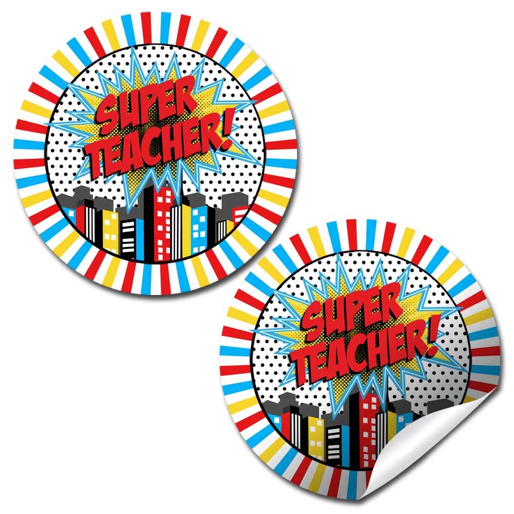 Super Teacher Super Hero Themed Teacher Appreciation Thank You Sticker Labels, 40 2" Party Circle Stickers by AmandaCreation, Great for Envelope Seals & Gift Bags