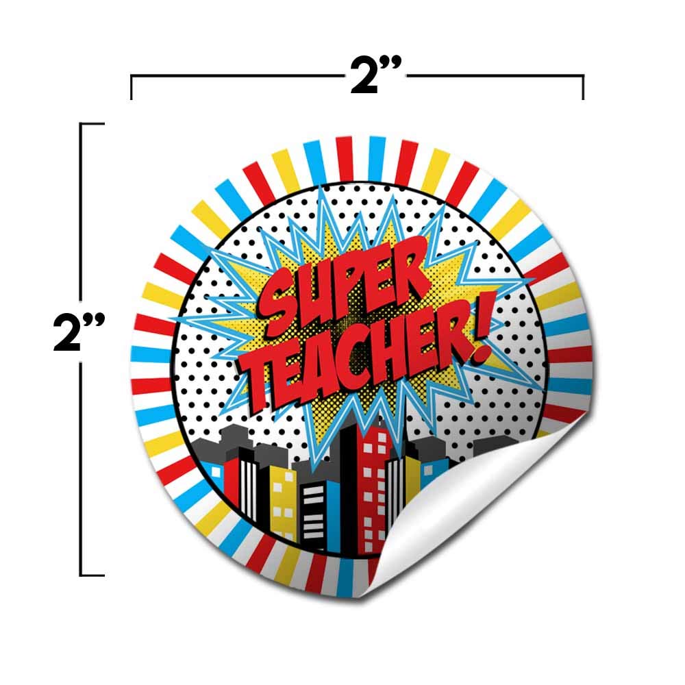 Super Teacher Super Hero Themed Teacher Appreciation Thank You Sticker Labels, 40 2" Party Circle Stickers by AmandaCreation, Great for Envelope Seals & Gift Bags