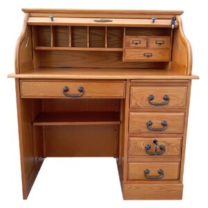 Small Roll Top Desk for Home Office Or Student Solid Oak Wood Single Pedestal 40.5Wx24Dx45H Harvest Stain Quality Crafted Construction Locking File Drawers Dovetailed Secretary Desk Easy Assembly