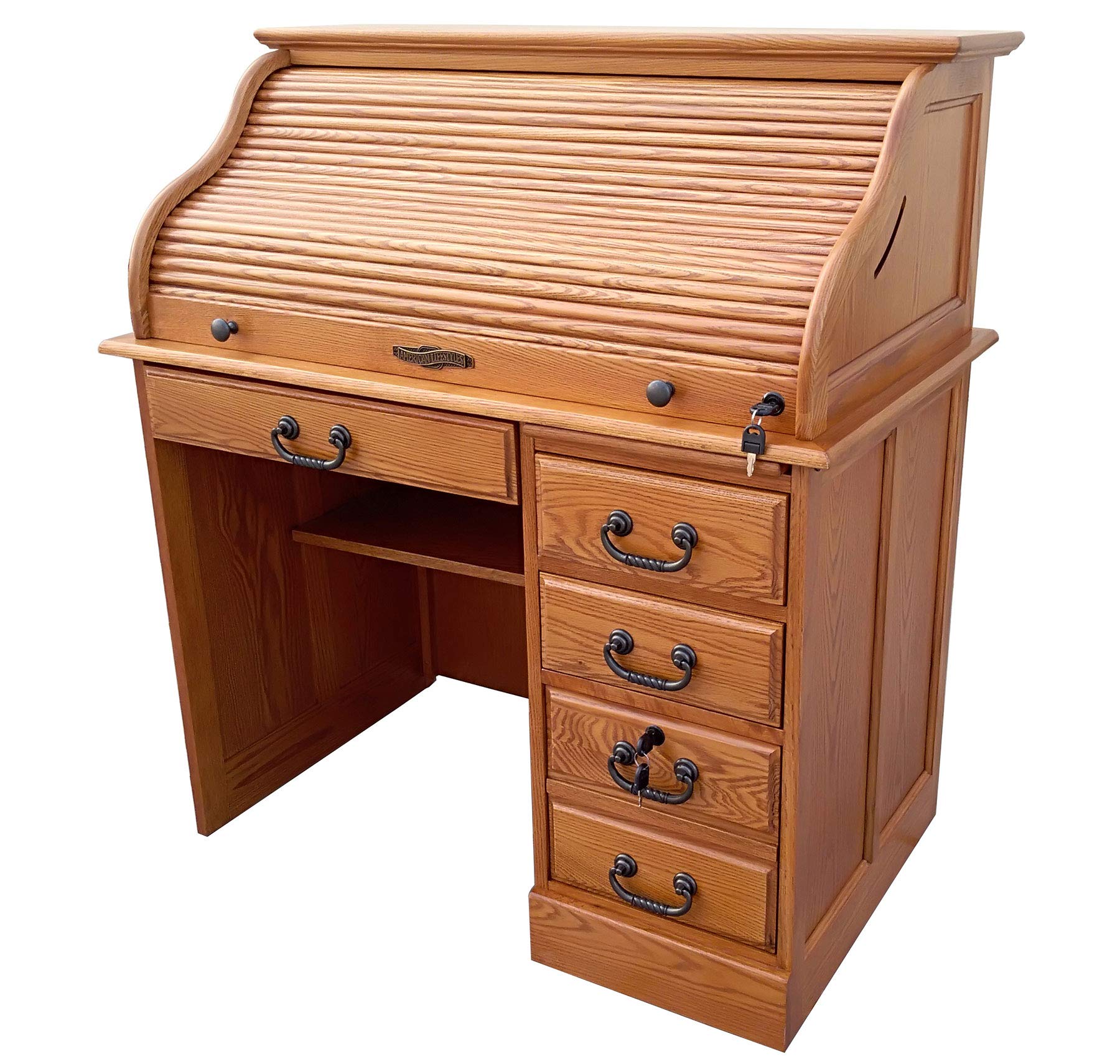 Small Roll Top Desk for Home Office Or Student Solid Oak Wood Single Pedestal 40.5Wx24Dx45H Harvest Stain Quality Crafted Construction Locking File Drawers Dovetailed Secretary Desk Easy Assembly