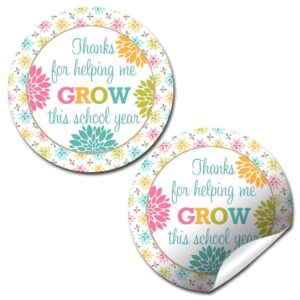 Helping Me Grow Flower Themed Teacher Appreciation Thank You Sticker Labels, 40 2" Party Circle Stickers by AmandaCreation, Great for Envelope Seals & Gift Bags