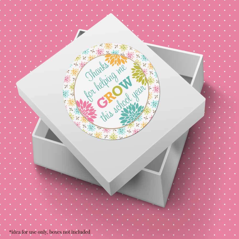 Helping Me Grow Flower Themed Teacher Appreciation Thank You Sticker Labels, 40 2" Party Circle Stickers by AmandaCreation, Great for Envelope Seals & Gift Bags